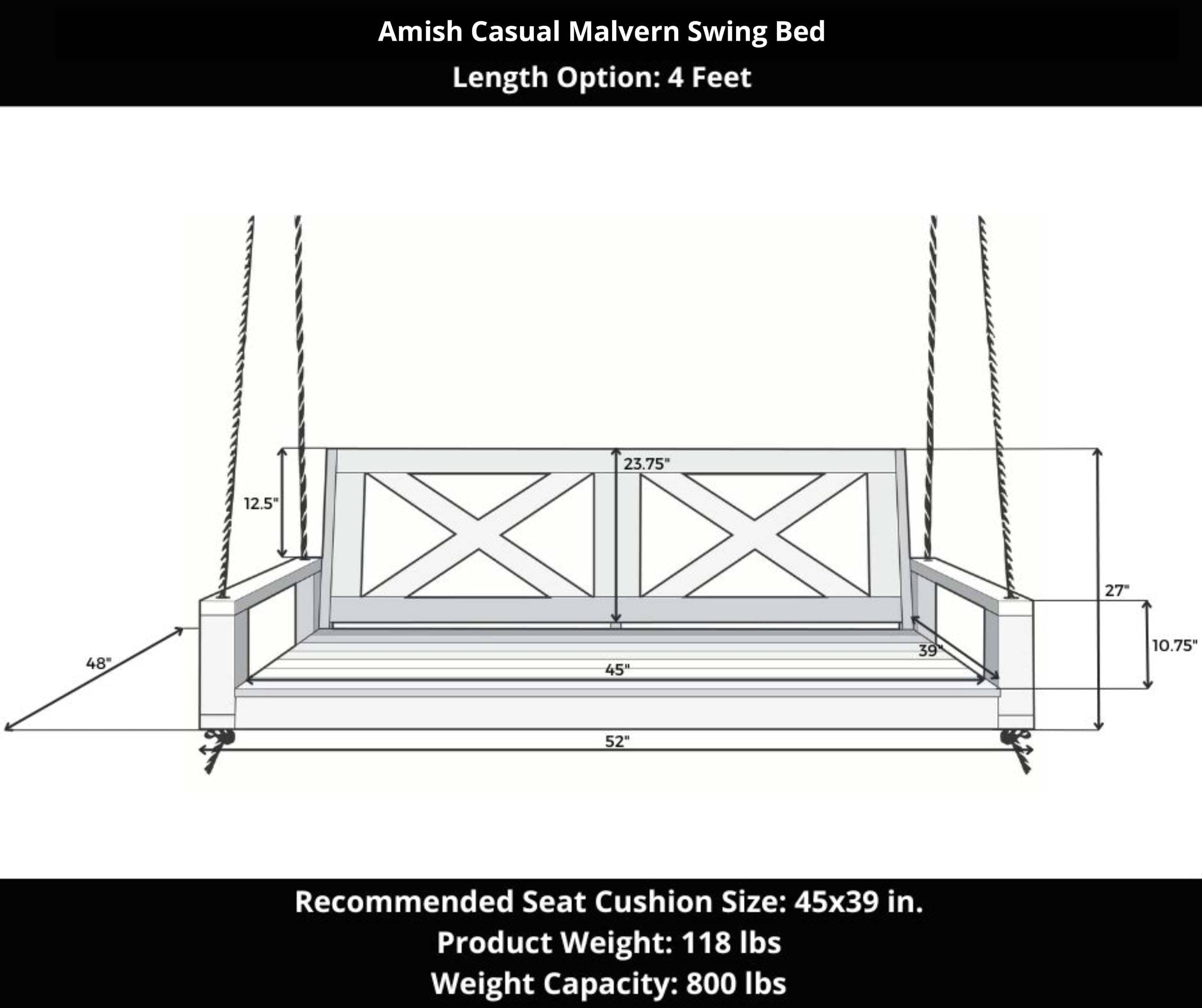 Amish Casual Malvern Porch Swing Bed, 4 Ft Grey