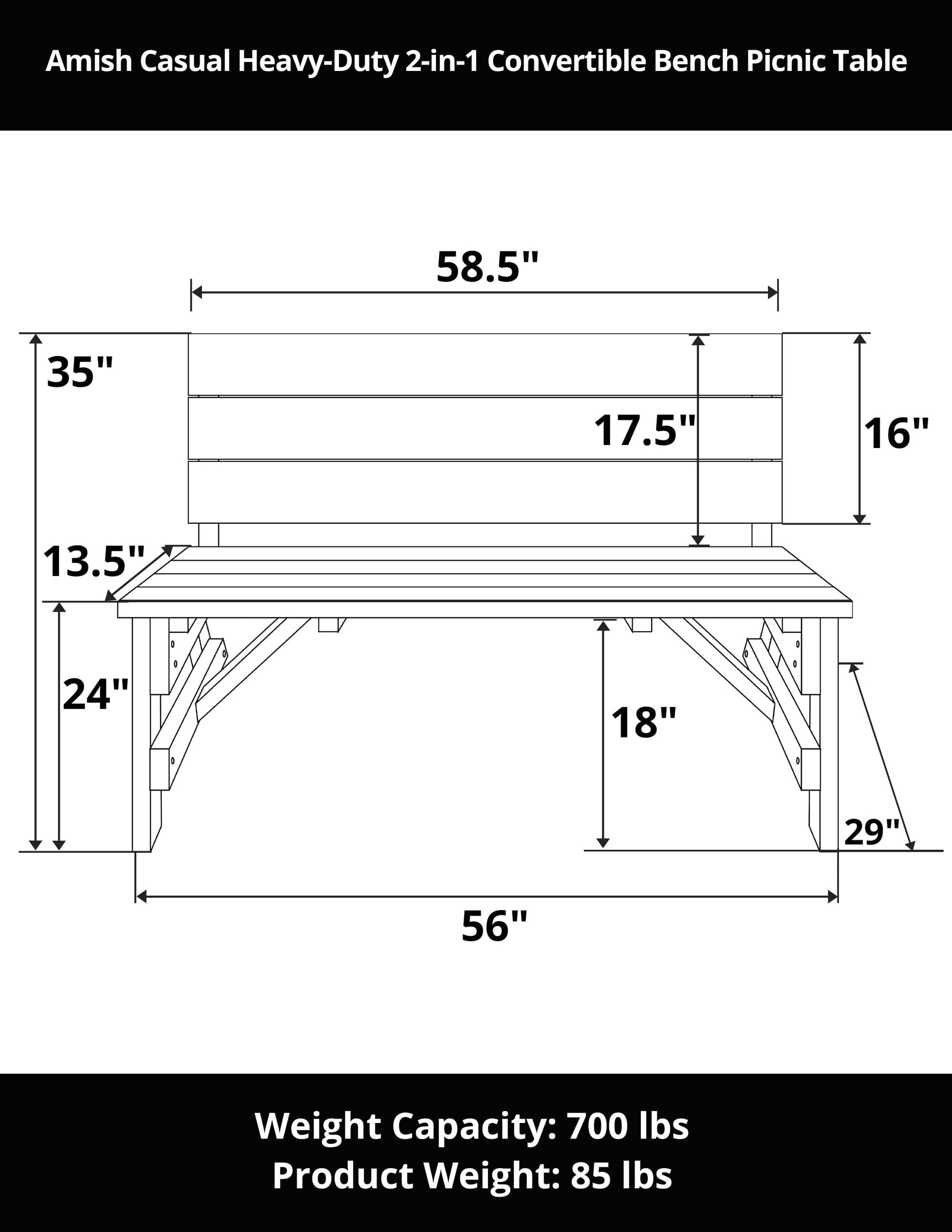 Amish Casual Heavy-Duty 2-in-1 Convertible Bench Picnic Table