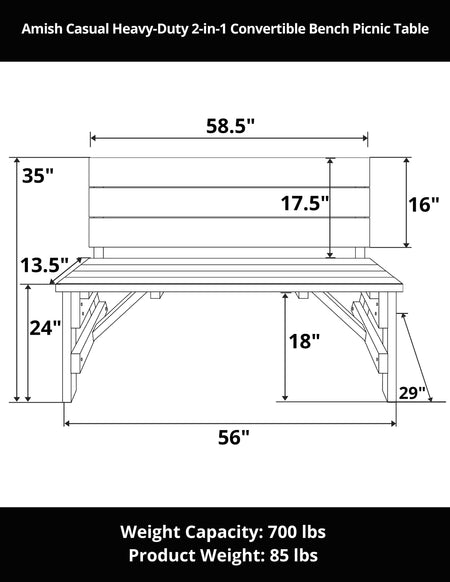 Amish Casual Heavy-Duty 2-in-1 Convertible Bench Picnic Table
