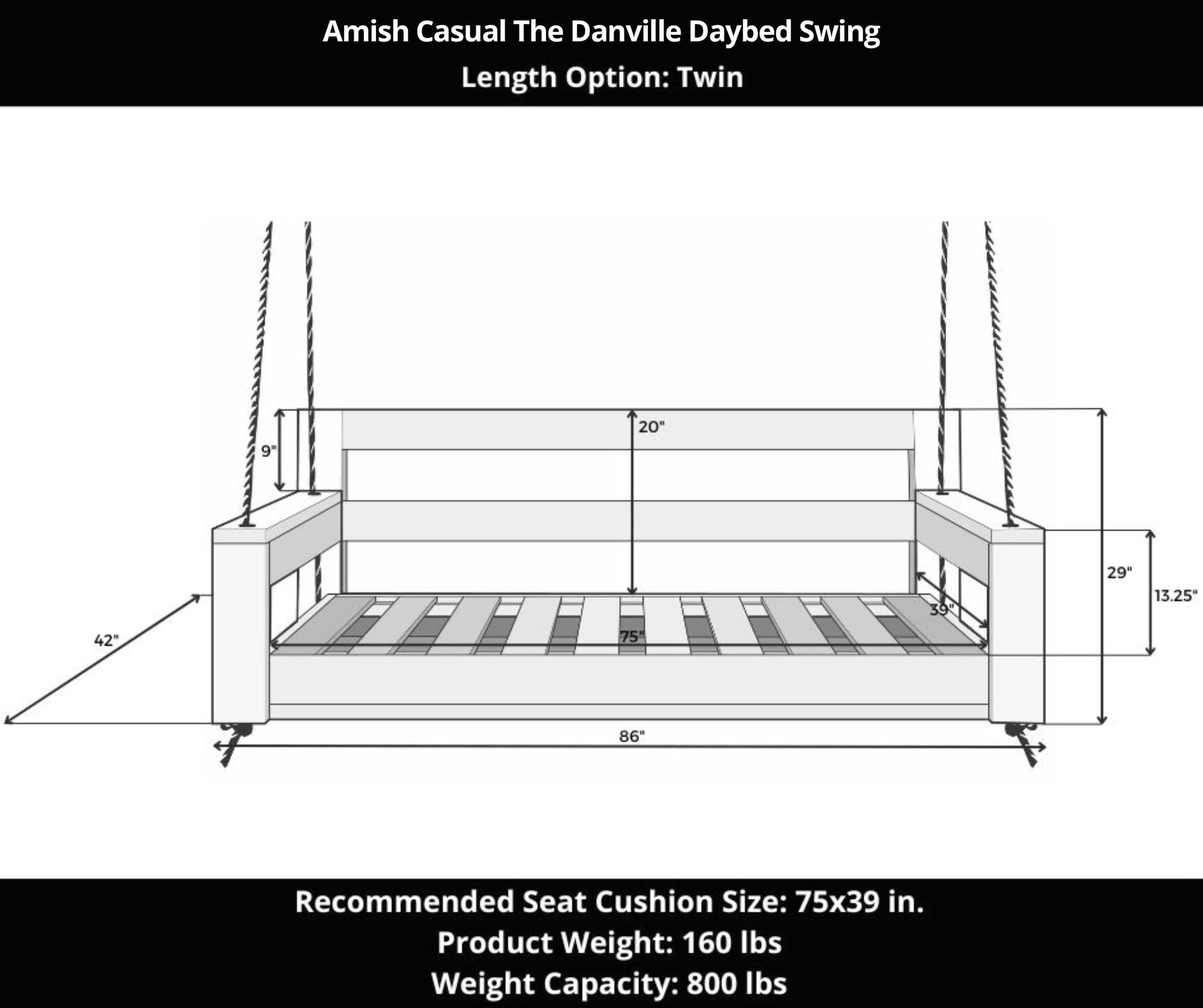 Amish Casual The Danville Daybed Swing, Twin, Cedar