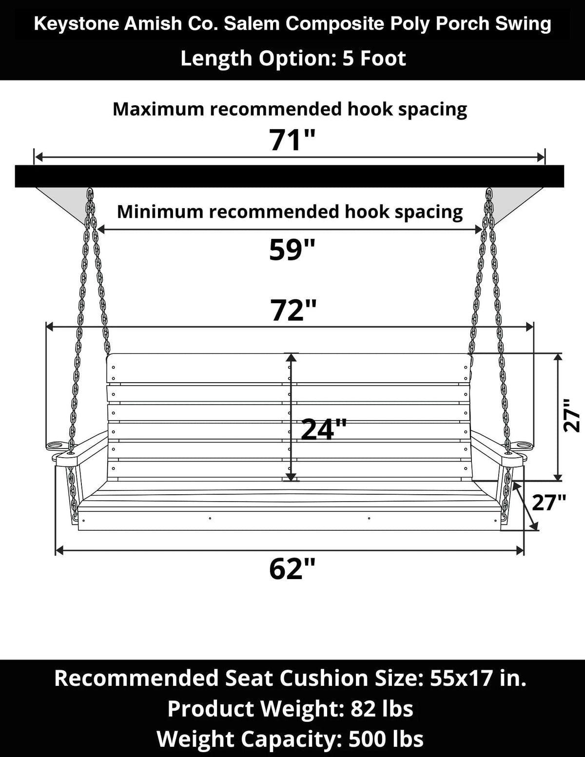 Keystone Amish Co. 5 Foot Salem Composite Poly Porch Swing, Weathered
