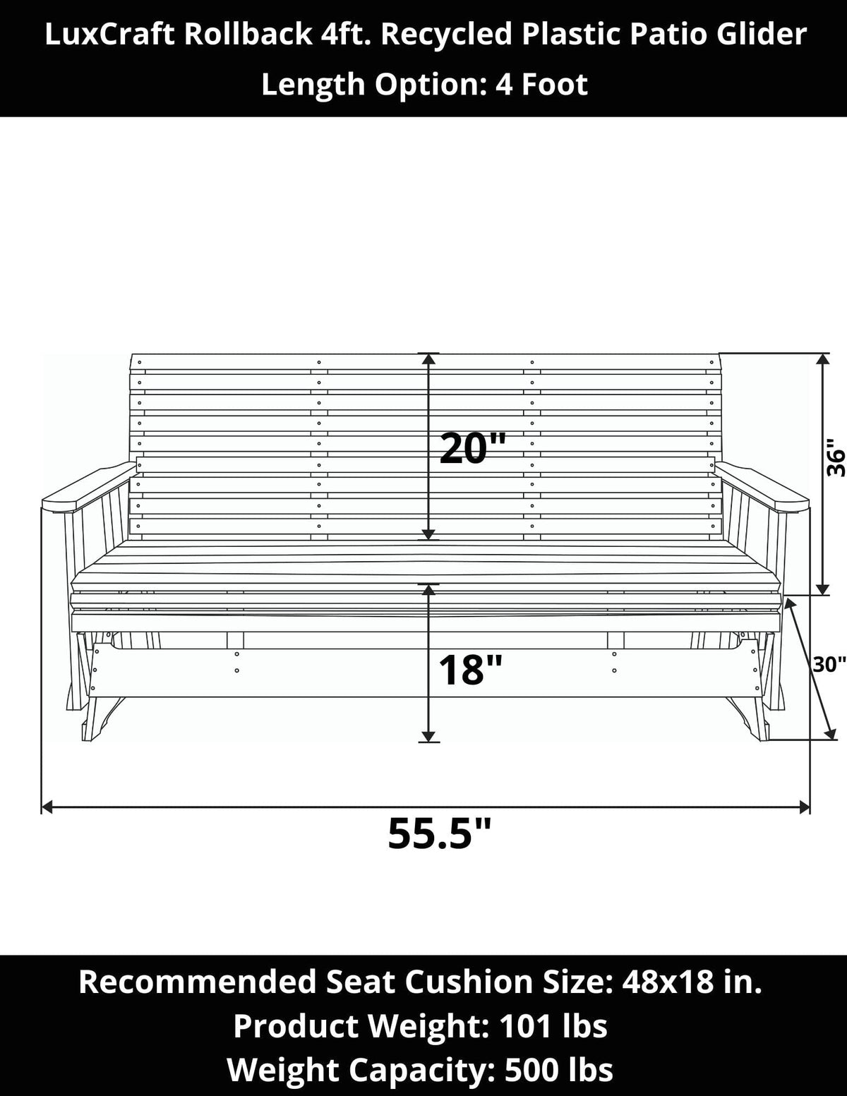 LuxCraft Rollback 4ft. Recycled Plastic Resin Patio Glider Outdoors